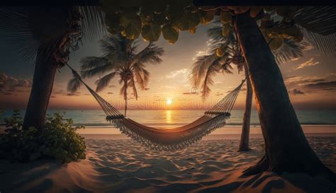 A Tropical Beach At Sunset With A Hammock Under A Palm Tree Generative