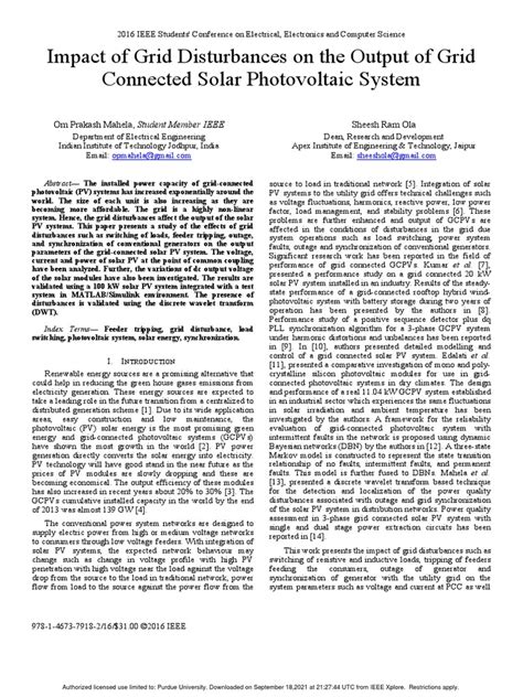 Impact Of Grid Disturbances On The Output Of Grid Connected Solar Photovoltaic System Pdf
