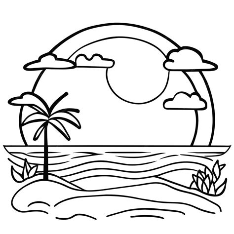 Página Para Colorear Paisaje De Playa En Un Día Soleado Con árboles