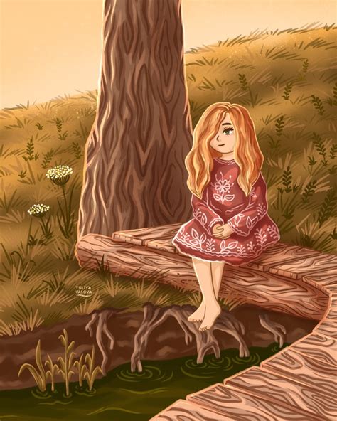 Иллюстрация Девушка у пруда в стиле 2d детский книжная графика