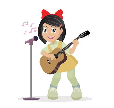 기타를 연주하고 노래하는 소녀 프리미엄 벡터