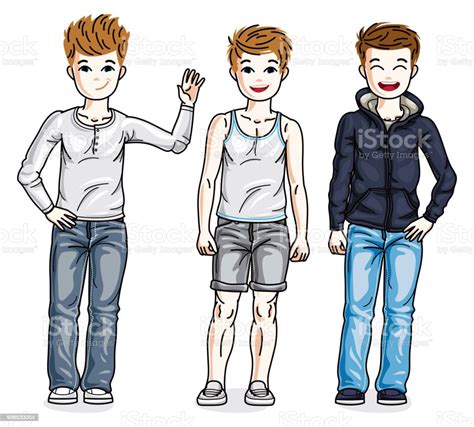 아름 다운 작은 소년 귀여운 어린이 세련 된 캐주얼 옷에 서 벡터는 일러스트 세트 아이 유년기와 가족 생활 만화입니다 3 명에 대한 스톡 벡터 아트 및 기타 이미지 Istock
