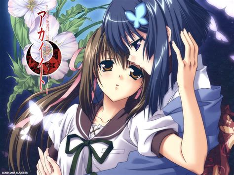 2girls Akai Ito Blue Hair Brown Eyes Brown Hair Butterfly Flowers Hatou