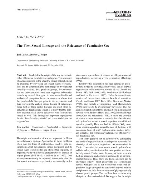 Pdf The First Sexual Lineage And The Relevance Of Facultative Sex
