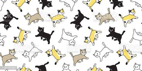고양이 원활한 패턴 벡터 새끼 고양이 옥 양 목 산책 만화 스카프 고립 된 타일 배경 반복 벽지 낙서 그림 갈고리 발톱에 대한 스톡 벡터 아트 및 기타 이미지 Istock