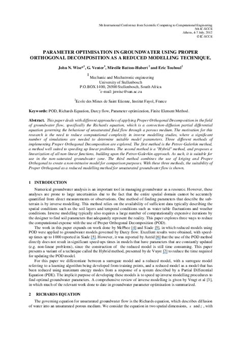 Pdf Parameter Optimisation In Groundwater Using Proper Orthogonal Decomposition As A Reduced