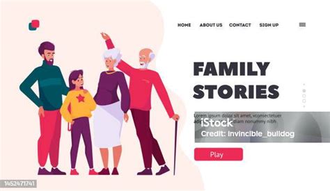 가족 이야기 방문 페이지 템플릿입니다 행복 한 캐릭터 아버지 딸 할아버지 할머니 벡터 일러스트 레이 션 십대에 대한 스톡 벡터 아트 및 기타 이미지 Istock
