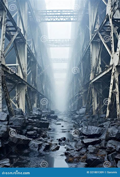 Abandoned Industrial Structure With Rusted Metal Framework And Overgrown Rocks In Foggy Setting