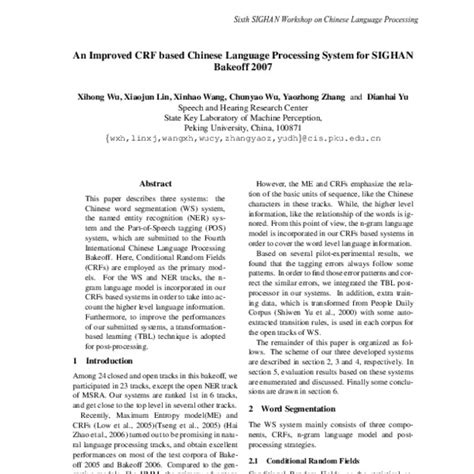 An Improved Crf Based Chinese Language Processing System For Sighan Bakeoff 2007 Acl Anthology
