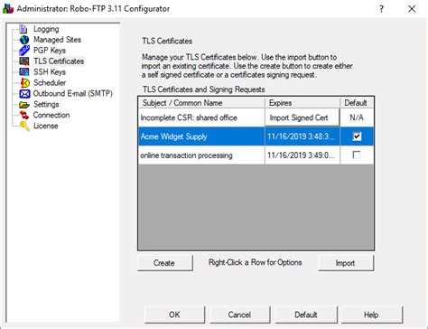 Robo Ftp Users Guide Robo Ftp Interface The Configurator Tls Certificates Menu