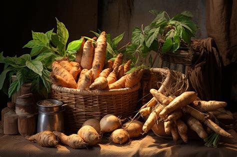 Premium Ai Image A Bountiful Harvest Of Cassava Roots A Rustic Scene