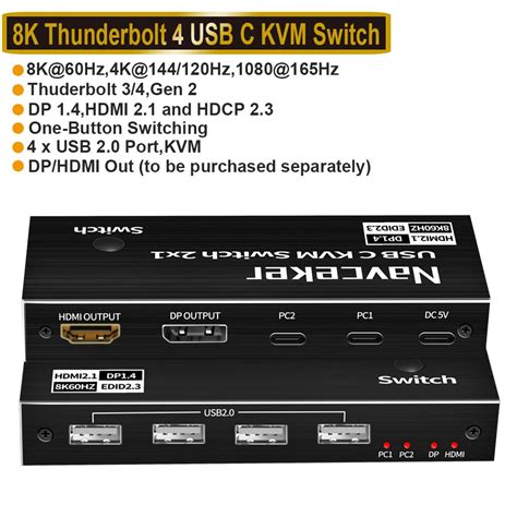 Navceker 2x1 8K Thunderbolt 4 USB C KVM Switch 100W PD Charge 4K 144Hz Type C KVM Switch Switch