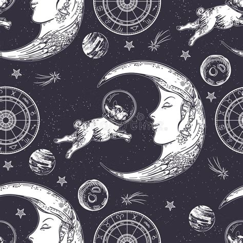 Seamless Pattern Moon Face Phases Of The Moon Sun And Crescent