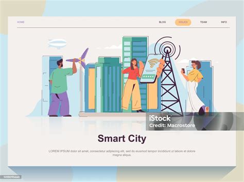 플랫 디자인의 랜딩 페이지를 위한 스마트 시티 웹 개념입니다 무선 기술과 녹색 에너지 및 에코 인프라를 사용하는 남성과 여성 웹 사이트 홈페이지에 대한 사람들 장면이 있는
