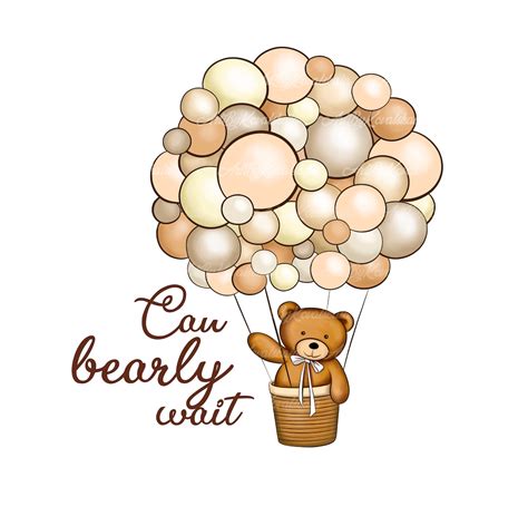 Teddy Bear Clipart Can Bearly Wait PNG Air Balloon Baby Shower