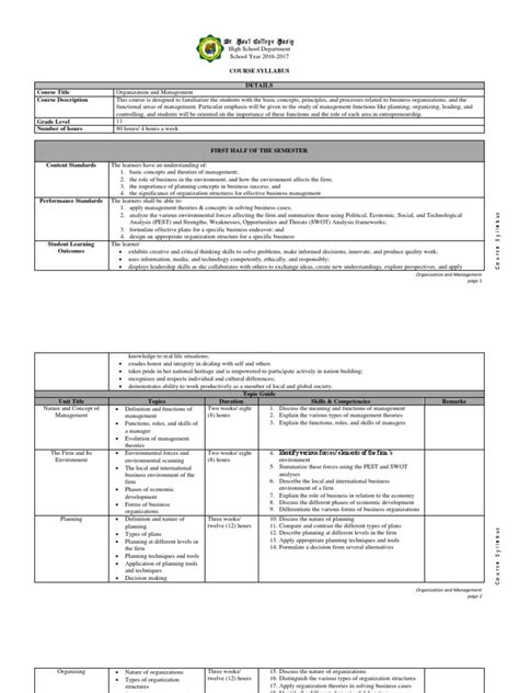 Organization and Management - Syllabus 2016-2017 | PDF | Leadership | Learning