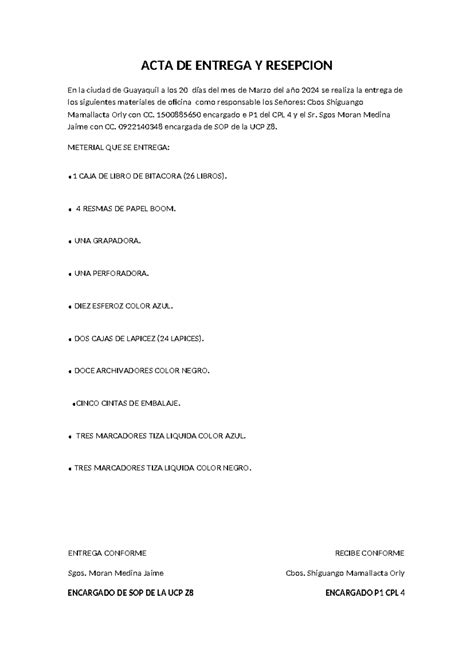 Acta De Entrega Y Resepcion Materiales Acta De Entrega Y Resepcion En