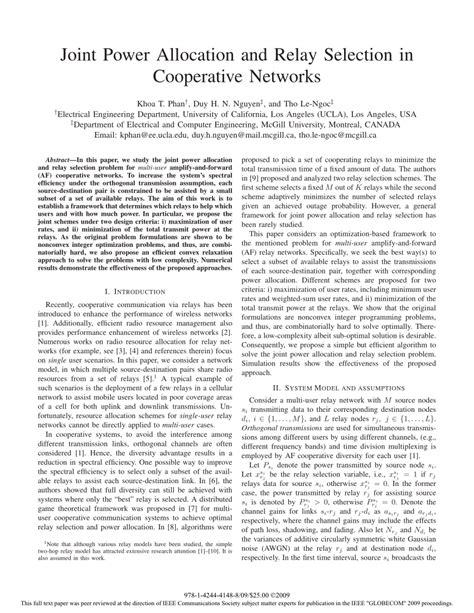 Pdf Joint Power Allocation And Relay Selection In Cooperative Networks