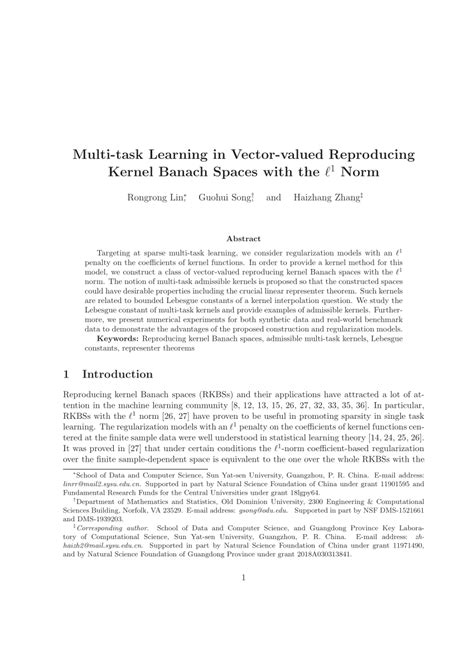 Pdf Multi Task Learning In Vector Valued Reproducing Kernel Banach Spaces With The Ell1 Norm