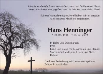 Traueranzeigen von Hans Henninger Schwarzwälder Bote Trauer