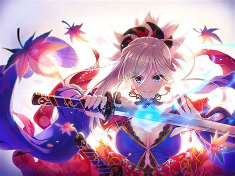 Smiling Miyamoto Musashi Fategrand Order Portrait Leaves Drawing