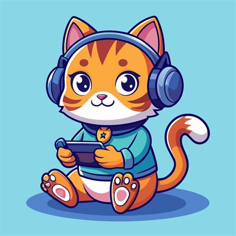 Cute Cat Gamer Playing Game With Joystick And Headphone Cartoon Vector