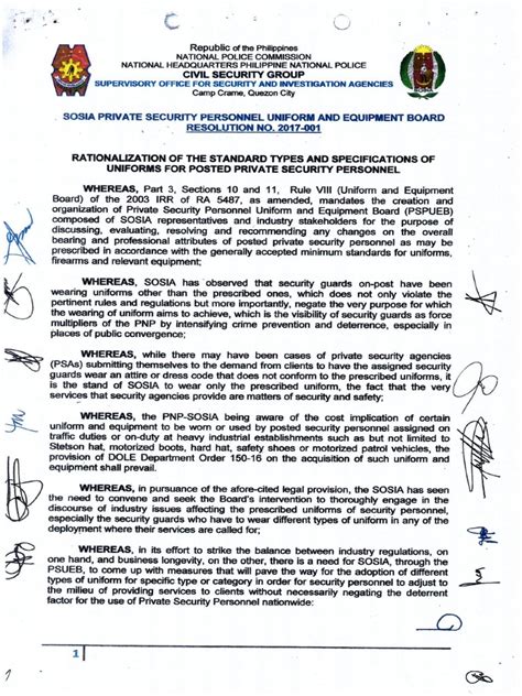 Sosia Private Security Personnel Uniform And Equipment Board Resolution No 2017 001 Pdf