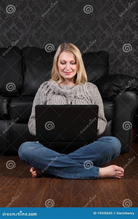 Young Woman On Floor At Home Surfing Internet Stock Image Image Of