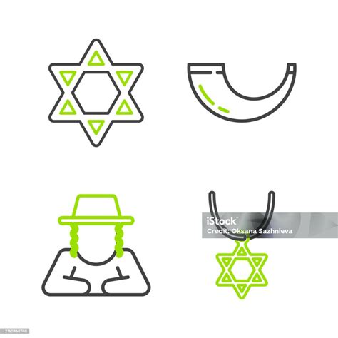 체인에 다윗의 별 목걸이 정통 유대인 모자 전통 숫양 뿔 쇼파르 및 아이콘을 설정합니다 벡터 0명에 대한 스톡 벡터 아트 및 기타 이미지 Istock