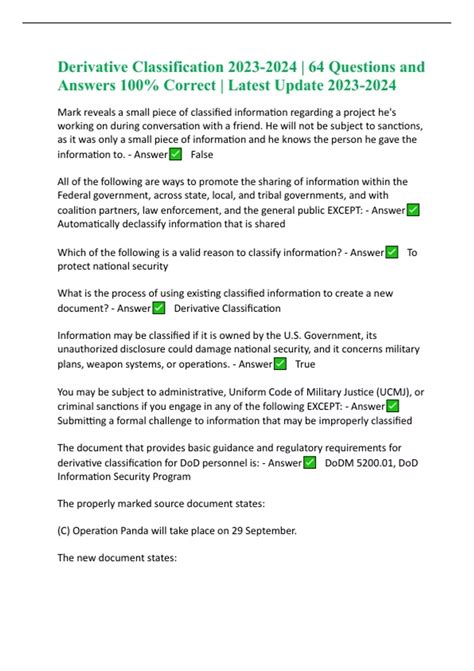 Derivative Classification 64 Questions And Answers 100 Correct