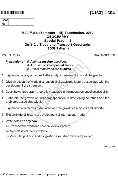 Geography Of Trade And Transport 2011 2012 M Sc Geography Semester 3 Question Paper With Pdf
