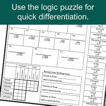 Simplify Radical Expressions Square Roots Mystery Activity Logic Puzzle Digital
