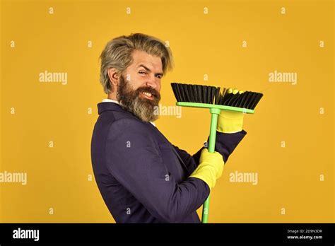 Clean Service People Mature Male Worker With Broom Cleaning Male
