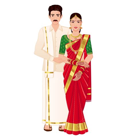 Indian Wedding Couple Standing Wearing Silk Saree And Veshti South
