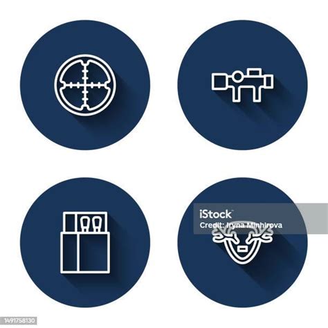 라인 스나이퍼 광학 조준경을 설정하고 성냥갑과 성냥을 열고 긴 그림자가 있는 방패에 사슴 뿔을 놓습니다 파란색 원 버튼입니다 벡터 가연성에 대한 스톡 벡터 아트 및 기타