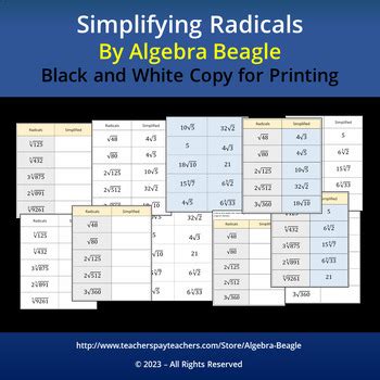 Simplifying Radicals Matching Activity By Algebra Beagle TPT