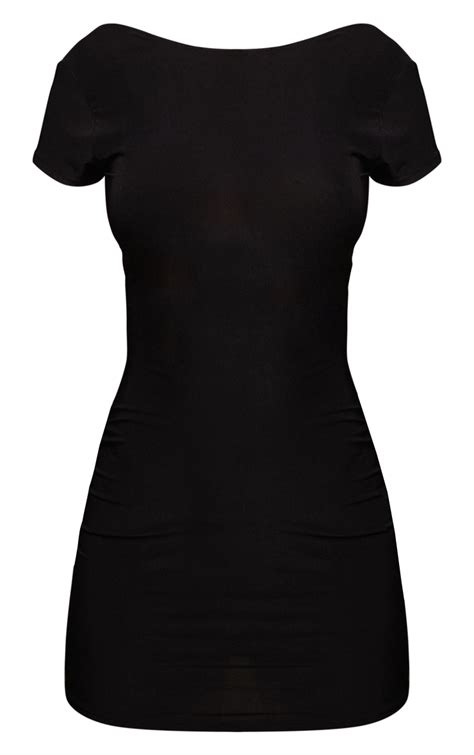 Black Slinky Short Sleeve Low Back Bodycon Dress Dresses Plt