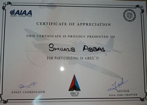 Shoaib Abbas On Linkedin Certificate For Participating In Airex19 Giki