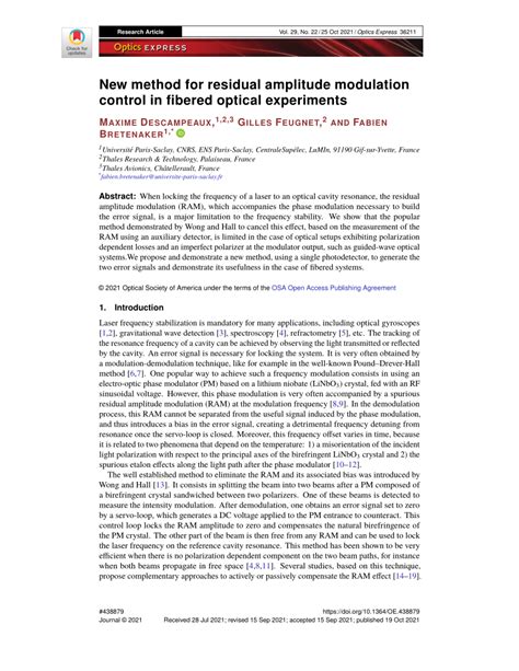 Pdf New Method For Residual Amplitude Modulation Control In Fibered Optical Experiments