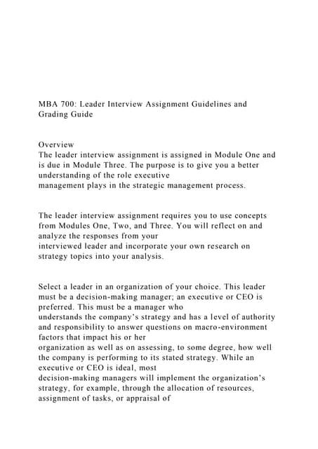 mba 700 leader interview assignment guidelines and gradin docx