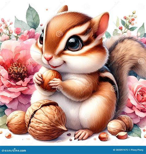 An Expressive Face Of A Cute Chipmunk With Nuts And Flowers