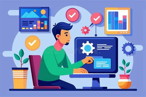 A Man Is Engaged In Updating Software On His Computer In A Contemporary Workspace Filled With