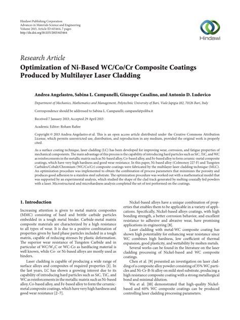 Pdf Optimization Of Ni Based Wccocr Composite Coatings Produced By Multilayer Laser Cladding