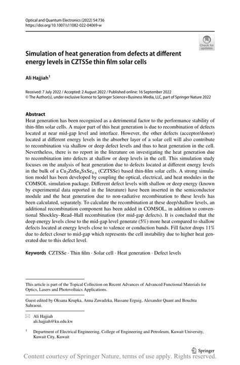 Simulation Of Heat Generation From Defects At Different Energy Levels In Cztsse Thin Film Solar