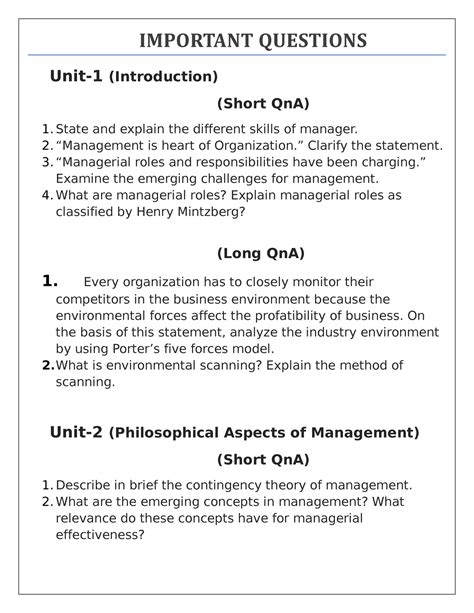 Imp Qn A Fo BM Important Questions IMPORTANT QUESTIONS Unit 1