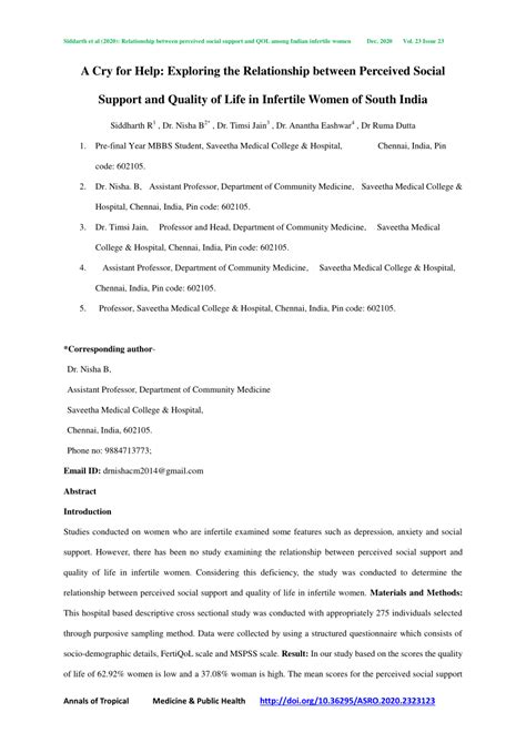 Pdf A Cry For Help Exploring The Relationship Between Perceived Social Support And Quality Of