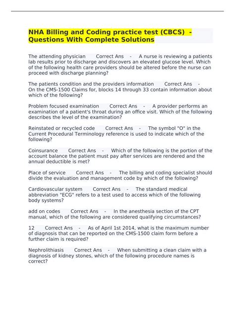 Nha Billing And Coding Practice Test Cbcs Questions With Complete
