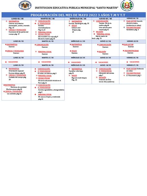 Programación Mensual Santo Martin Mes Mayo Pdf