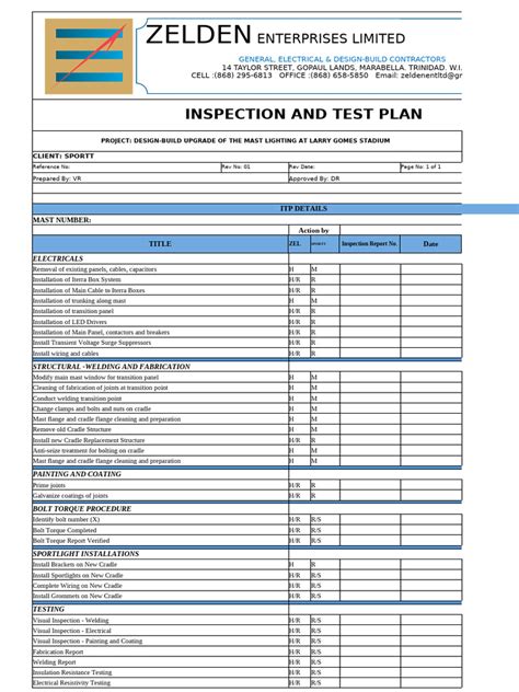Inspection And Test Plan Pdf Electric Power Electromagnetism