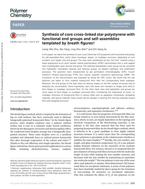 Pdf Synthesis Of Core Cross Linked Star Polystyrene With Functional End Groups And Self